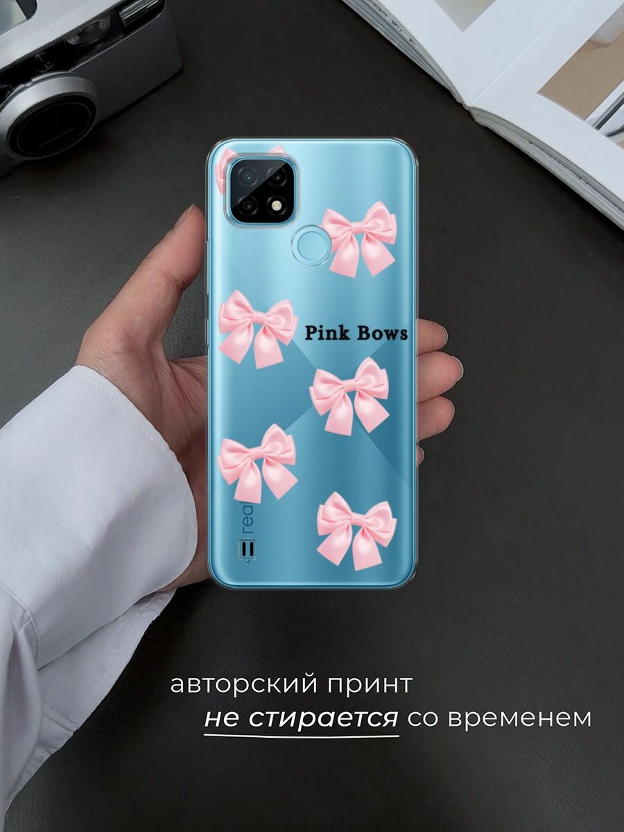 Чехол на Realme C21 / Реалми С21 с принтом "Pink Bows", прозрачный — фото 1