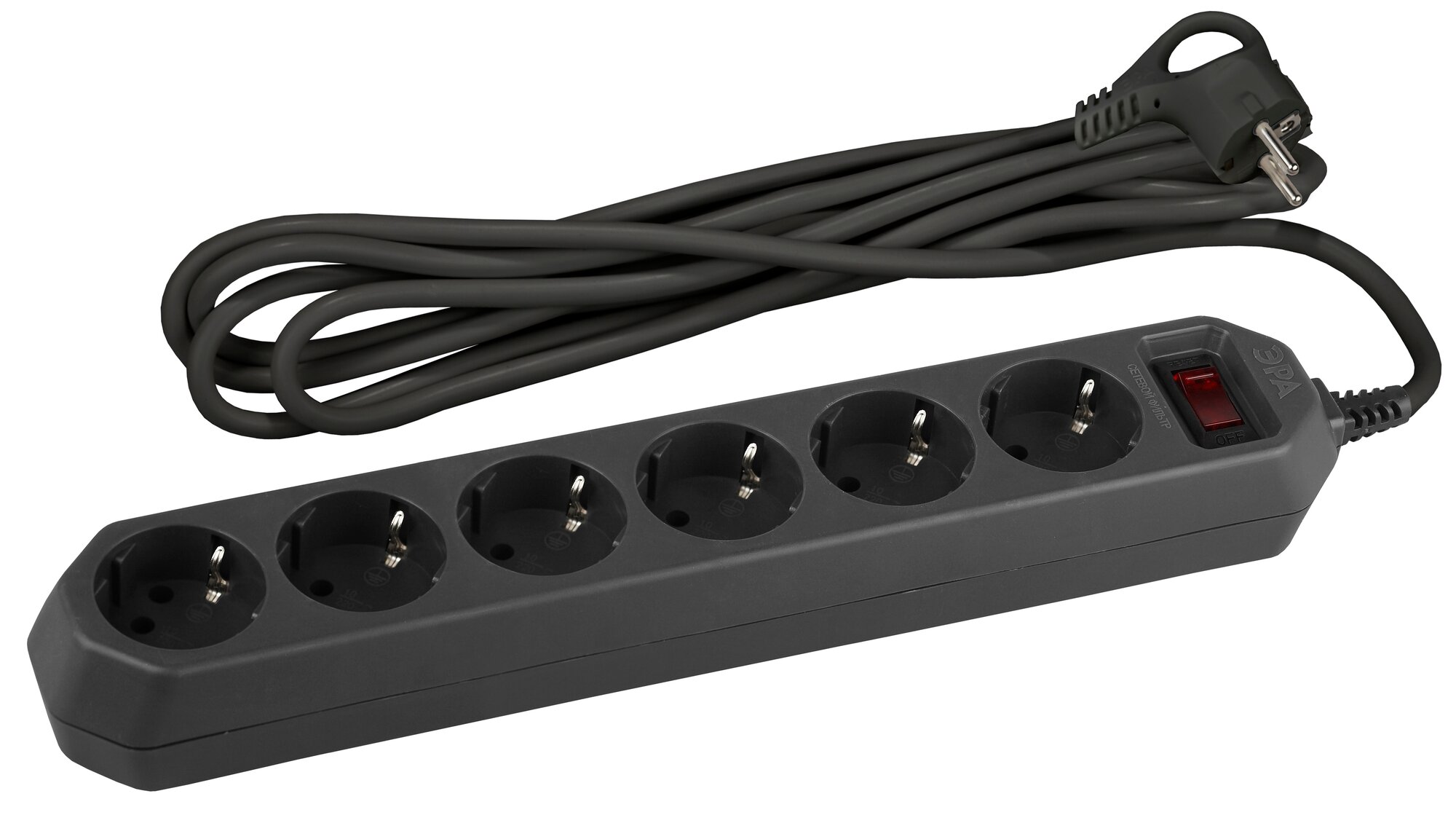 Фильтр сетевой Эра черный, с заземлением, 3x0.75 мм2, с выключателем, 6 гнезд, 5 м, USF-6es-5 м-B-BOX