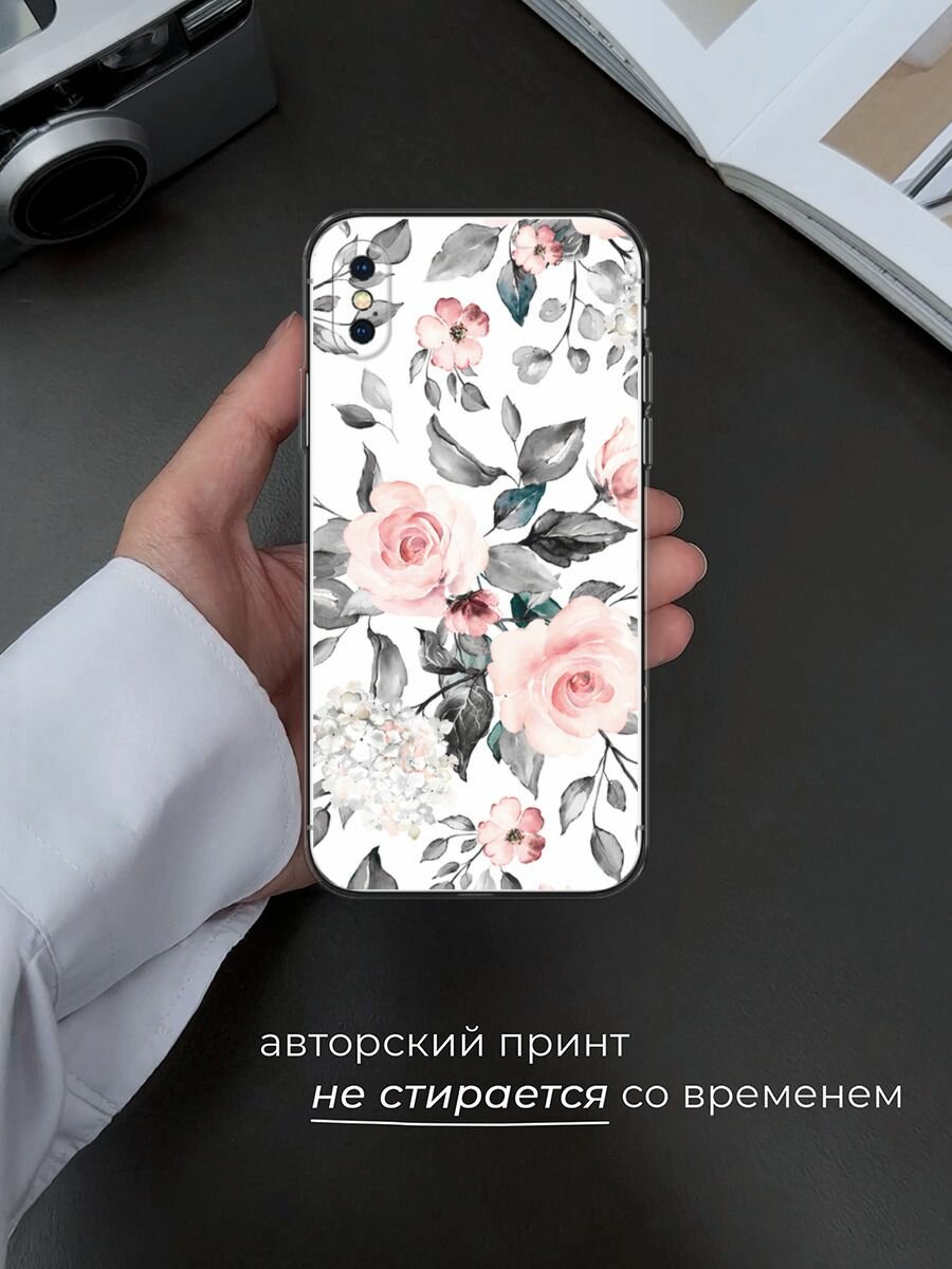 Чехол на Apple iPhone XS Max / Айфон XS Max с принтом "Розы на белом" — фото 1