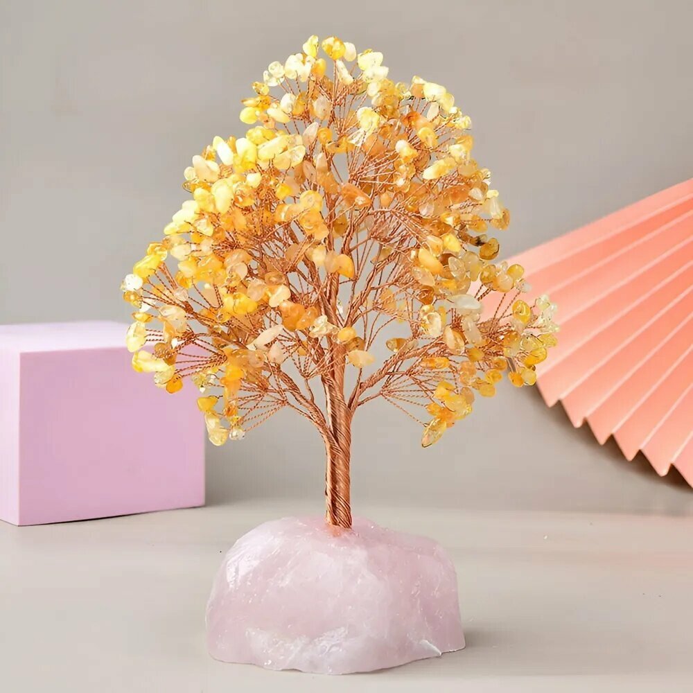 Натуральное хрустальное гравийное дерево, основание из розового хрусталя, дерево из медной проволоки, украшение домашнего офиса, высота 23 см