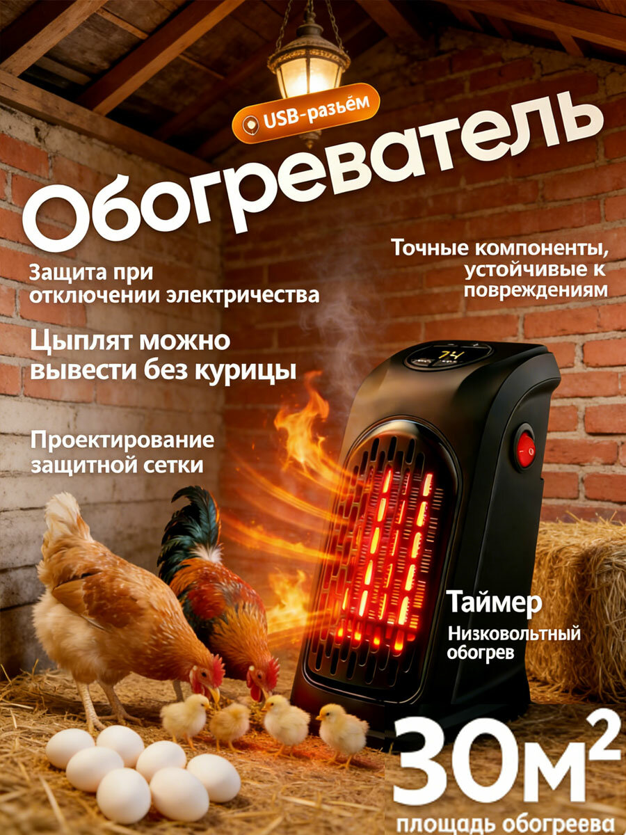 Лампа тепловентилятор Е27 светодиодная для обогрева кур, щенков, цыплят, свиней, курятника, брудера