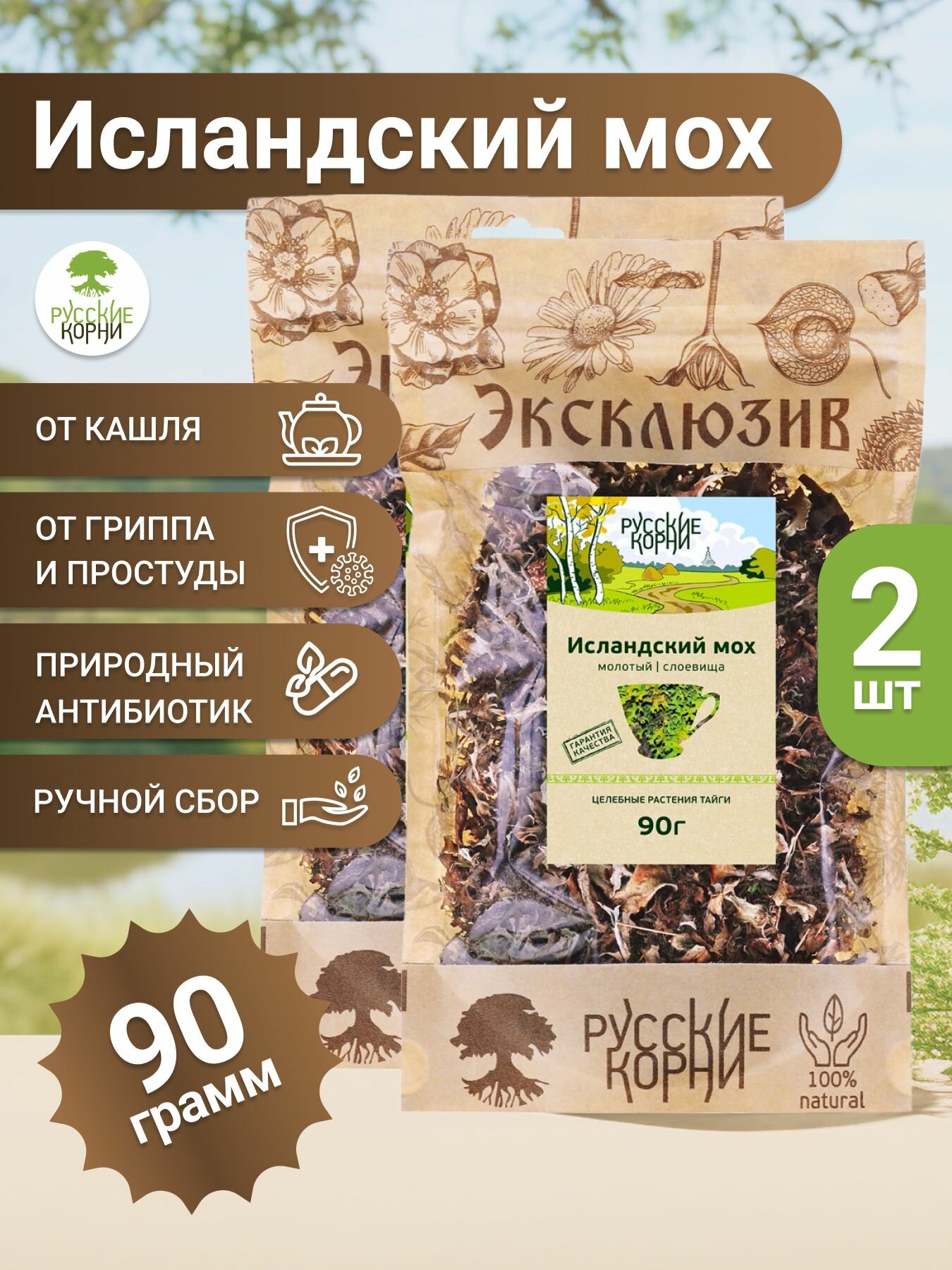 Исландский мох (цетрария, молотый) 90 гр. - набор 2 шт от кашля, простуды, антипаразитарный сбор - Русские корни