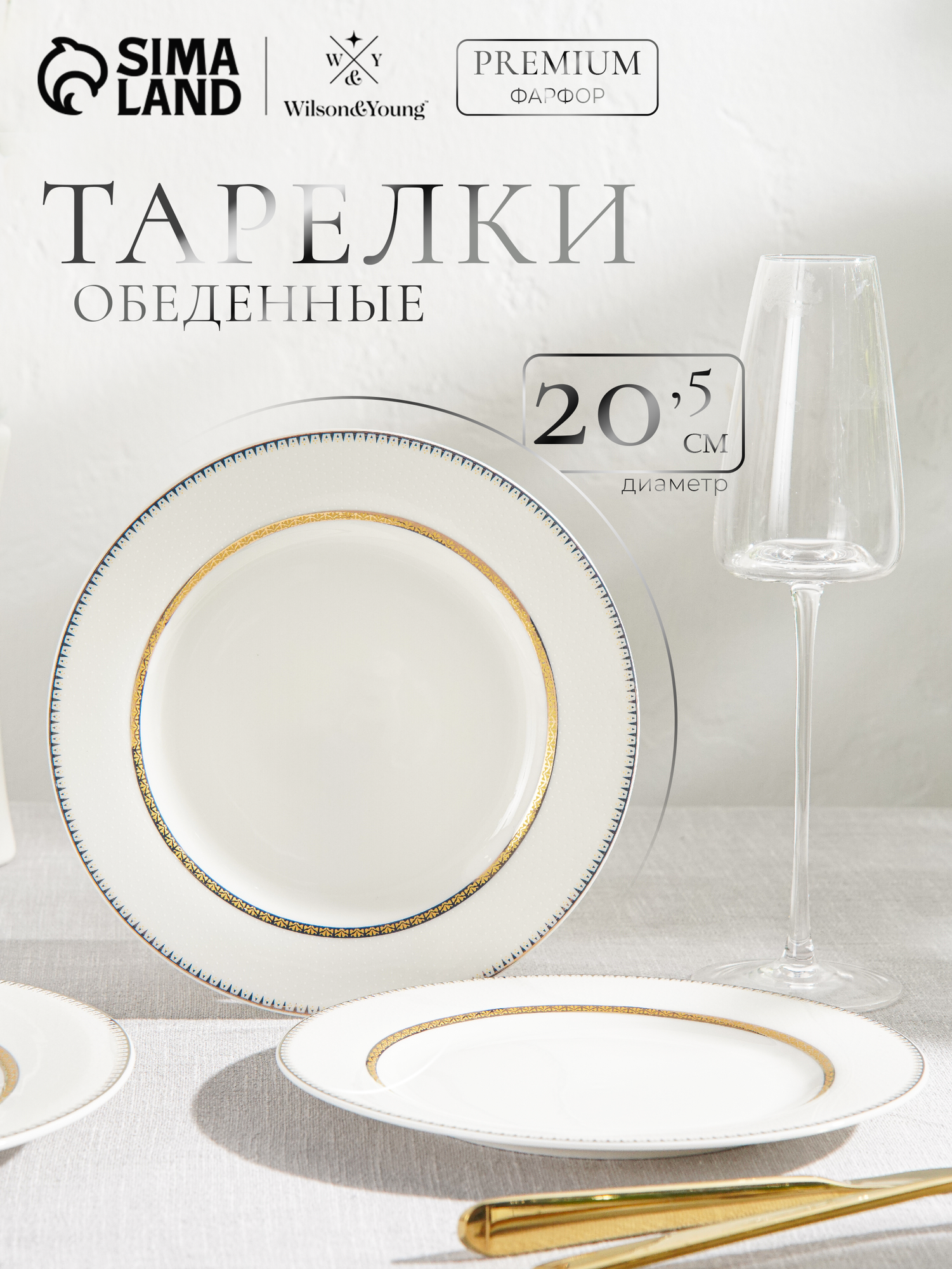 Тарелки обеденные набор для сервировки стола Wilson&Young Grace, d=20.5 см, набор 2 шт, фарфор, цвет белый