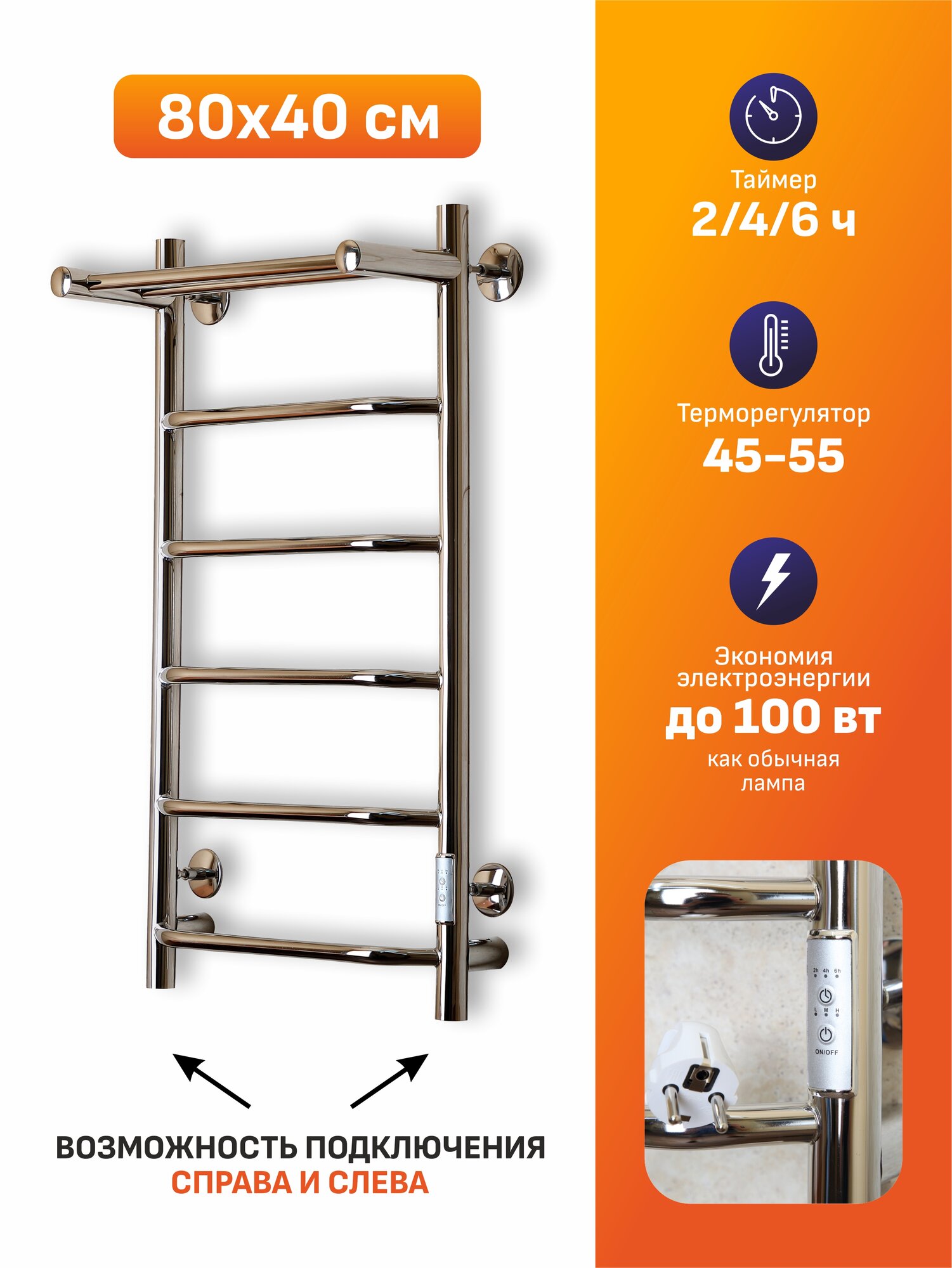 Электрический полотенцесушитель Тругор ПЭК сп 6 П 80х40 32 мм универсальный, с креплением, хром