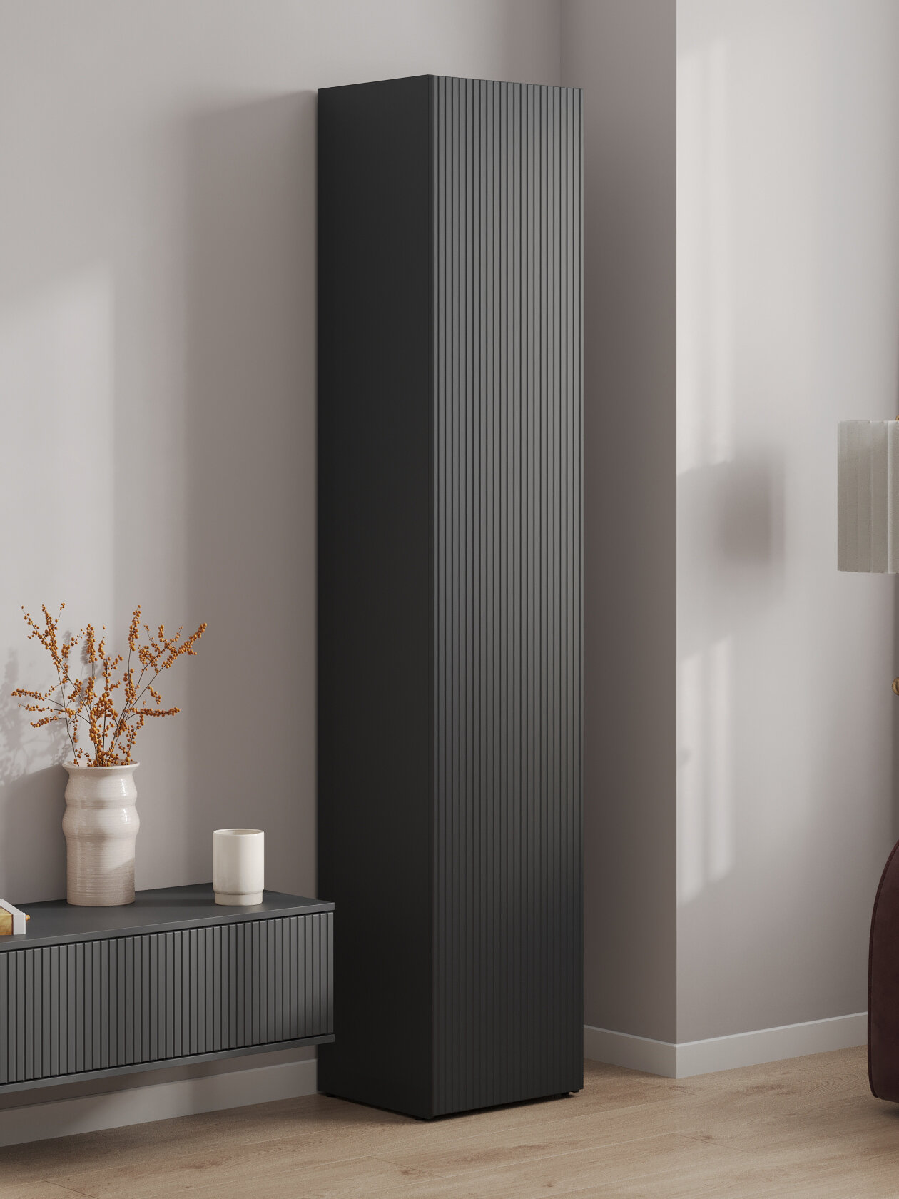 Распашной шкаф-пенал для одежды и хранения вещей Амели с полками, с фрезеровкой, 45х40х231 см, Черный графит