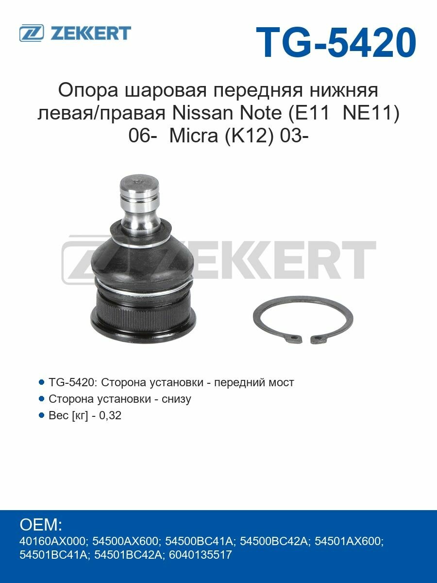 Zekkert Опора шаровая передняя нижняя левая/правая для Nissan Micra (K12) с 2003 года Note (E11) с 2006 года