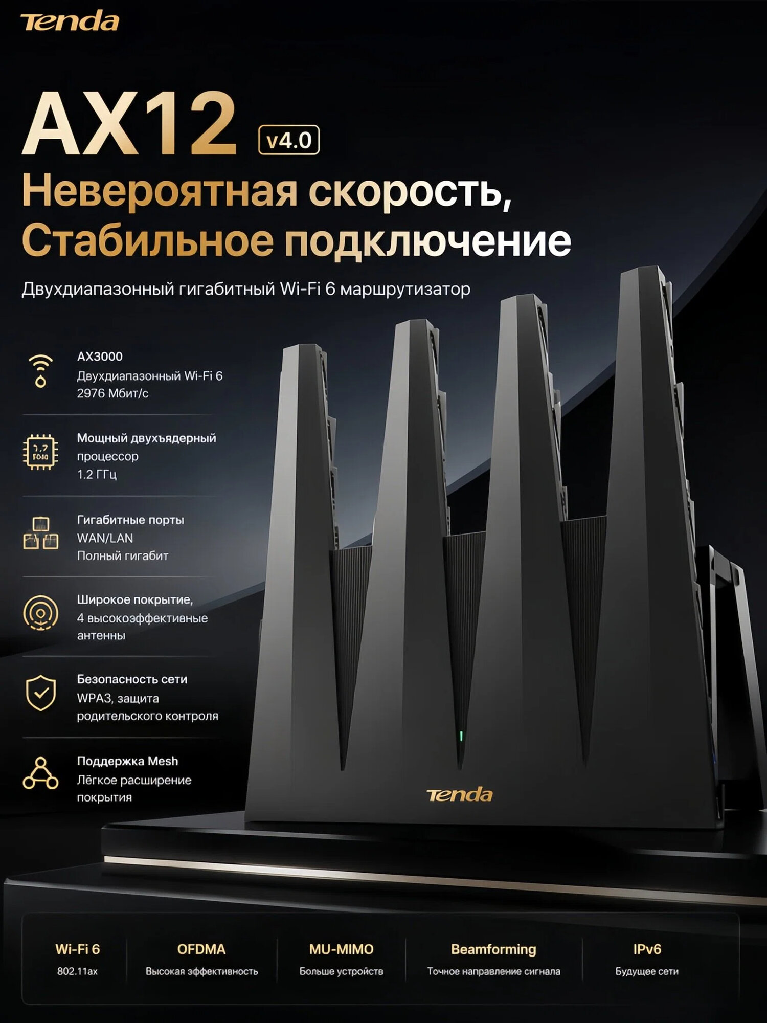 Tenda AX12 Роутер WiFi6 AX3000 двухдиапазонный гигабитный для дома, поддержка EasyMesh