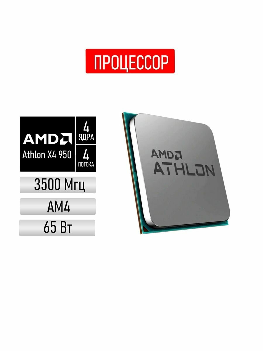 Процессор AMD AM4 Athlon X4 950 (4ядра/4потока*3,5ГГц-3,8ГГц,2Mb,65Вт, oem)