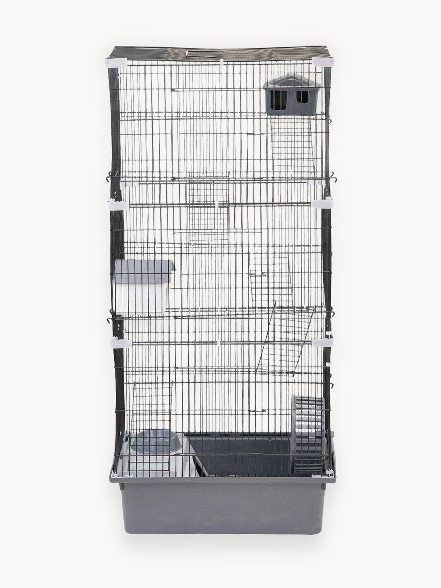 Клетка для грызунов "PetTails" разборная, шаг прута 10,5мм, 42*30*h89см, 5 этажей (+полка-домик, колесо, миска, 2 пласт. домика) серая