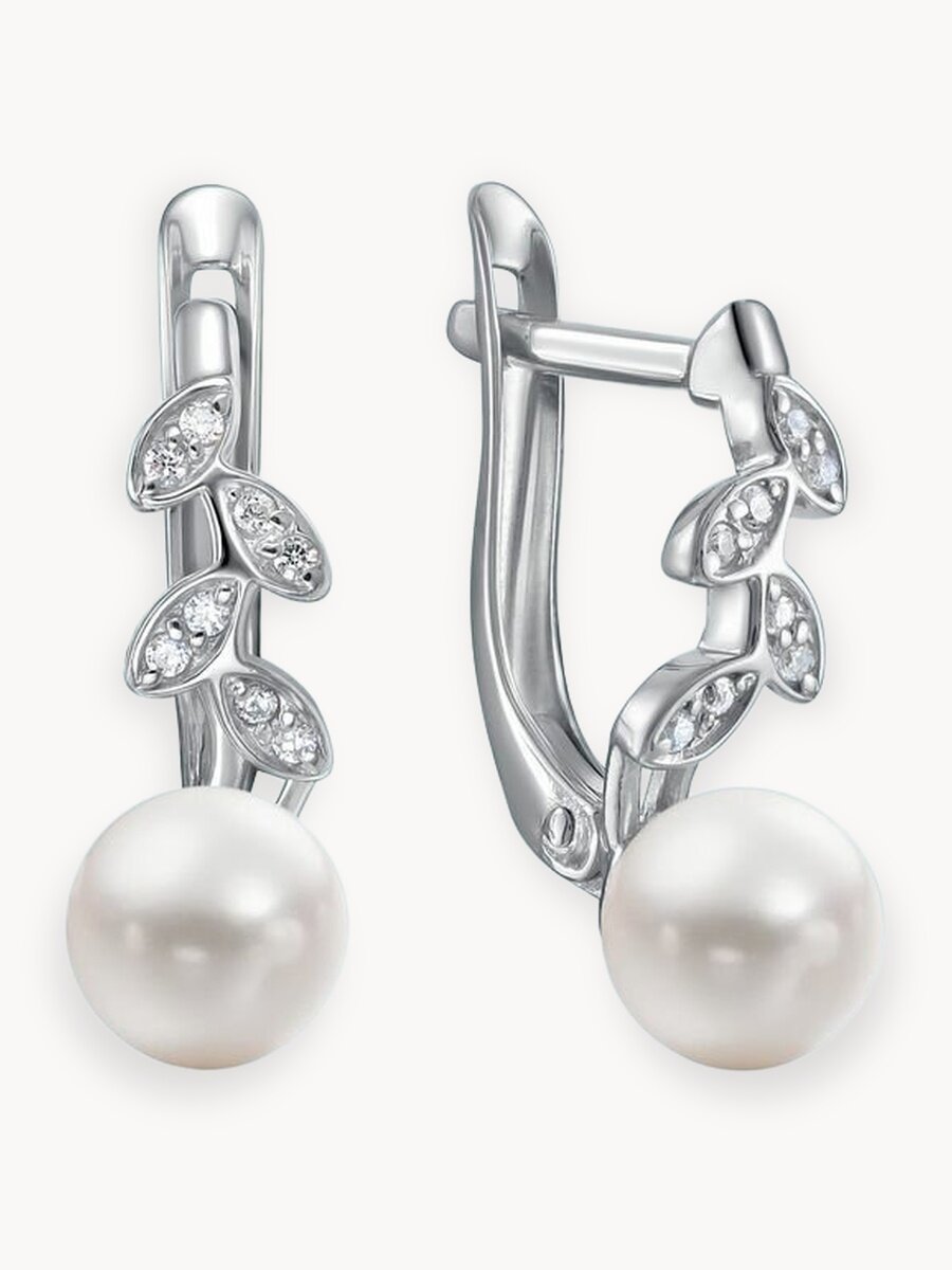 Серьги, серебро, 925 проба, родирование, фианит, жемчуг