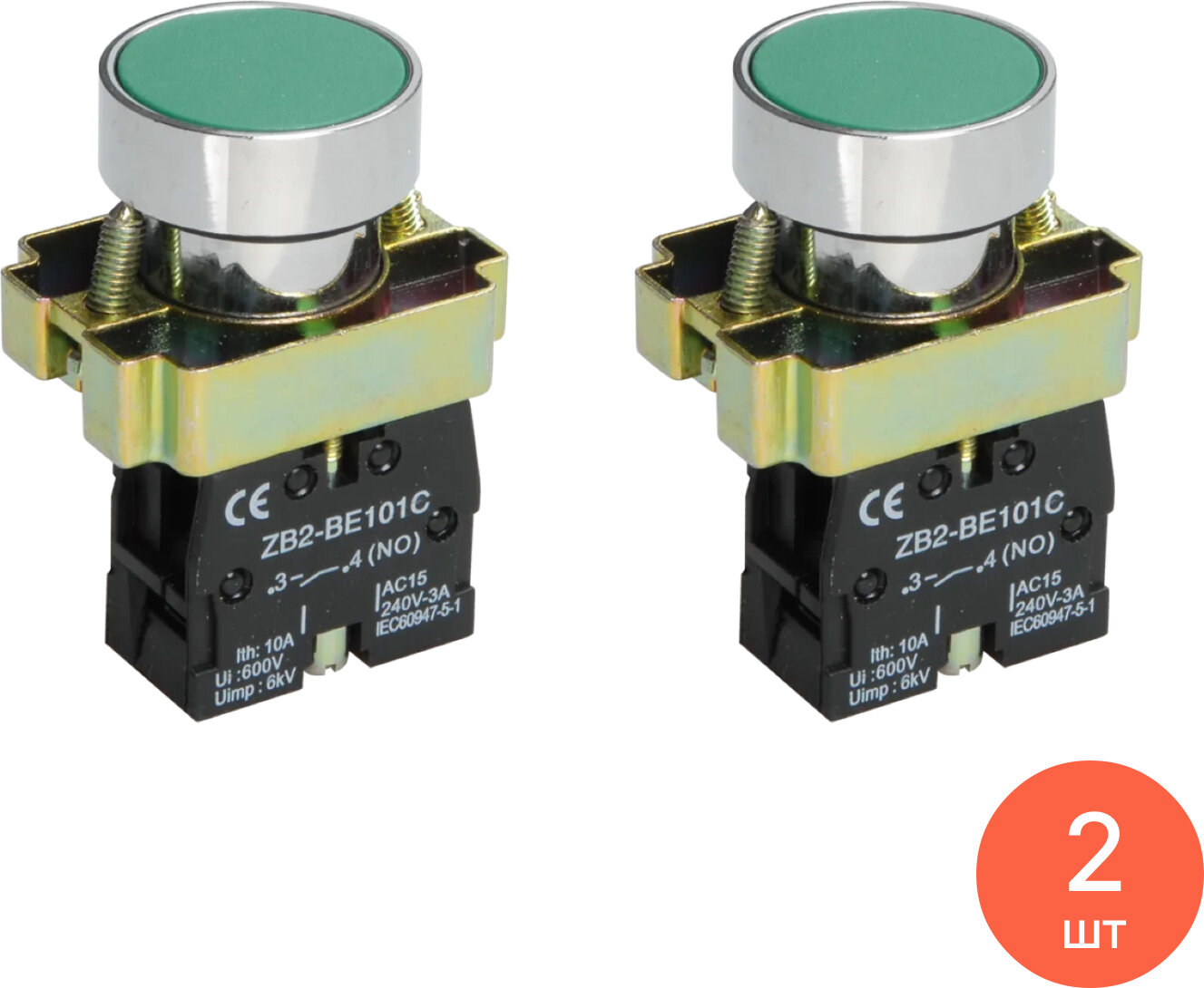 Кнопка управления IEK / ИЭК LAY5-BA31 без подсветки, зеленая, 1з 10А, IP40, под отверстие диаметром 22мм, BBT60-BA-K06 / кнопочный пост (комплект из 2 шт)