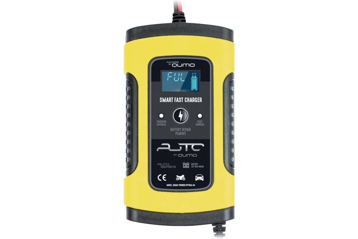QUMO Универсальное зарядное устройство для аккумуляторов с напряжением 12V, модель Thunder Optima 12V6A (выходная мощность 6А, для АКБ с емкостью 4-100Ah), встроенный дисплей, интел. управление 37739