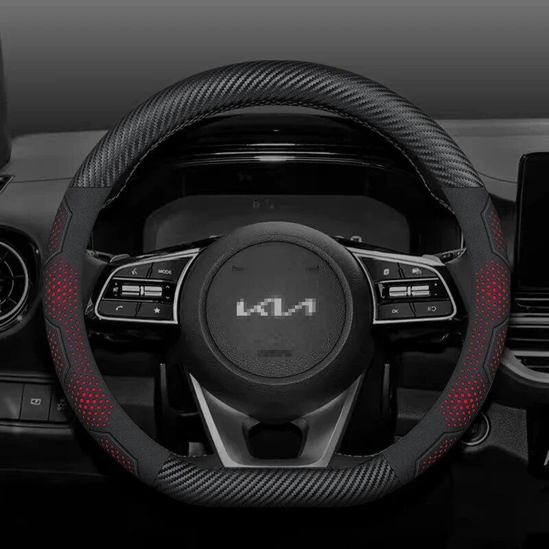 Чехол на руль Kia D Carbon Red, углеволокно, кожа