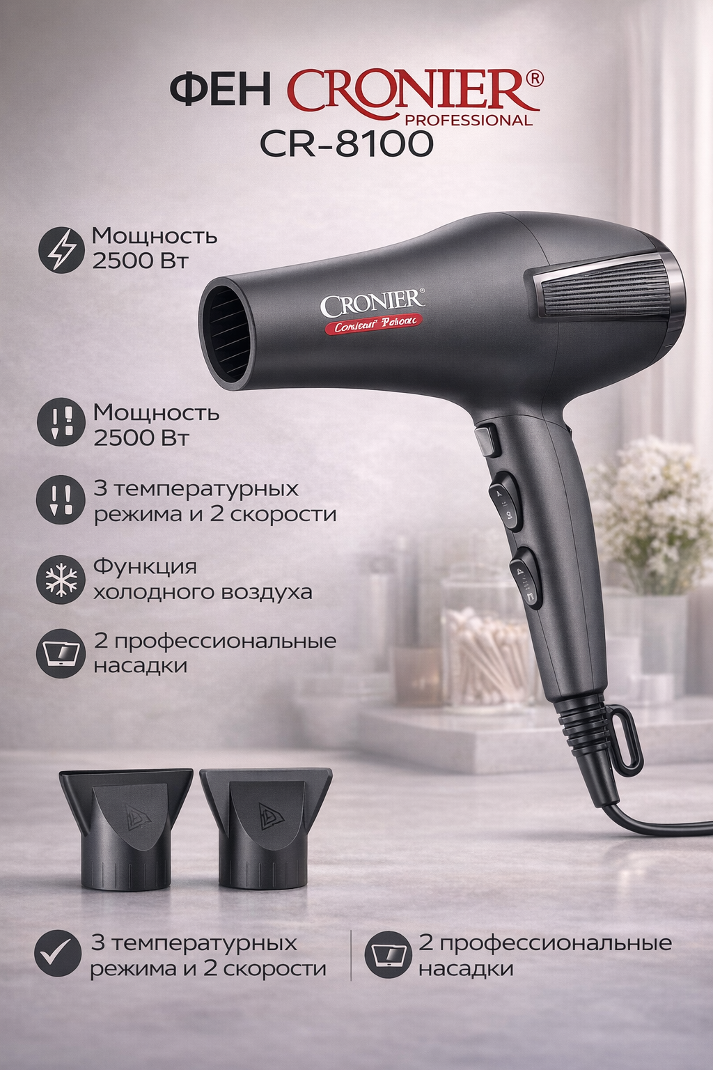 Фен для волос CRONIER CR-8100 2500 Вт профессиональный с насадками магазин ElectroD
