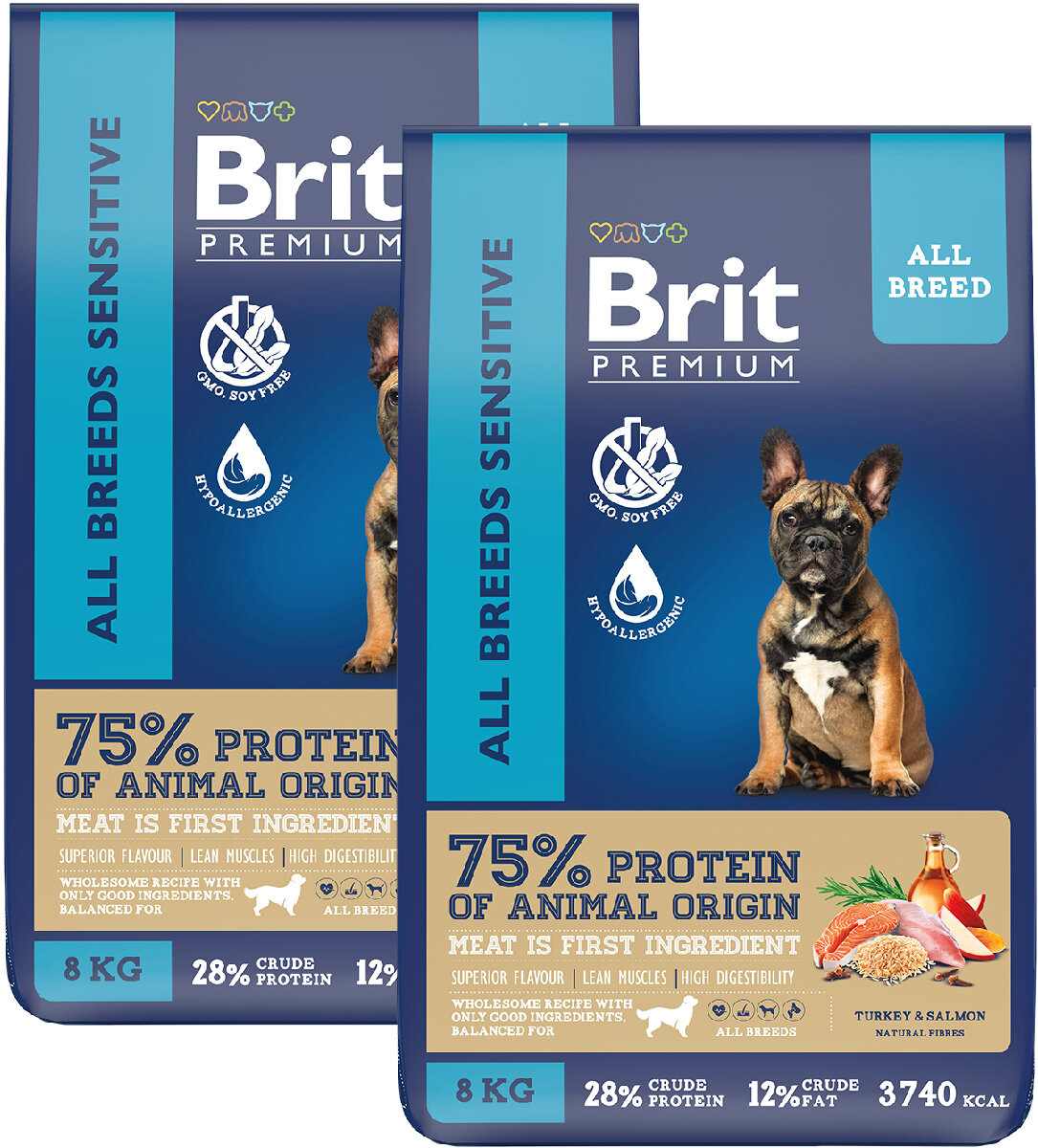 BRIT PREMIUM DOG ADULT SENSITIVE для взр собак всех пород с чувст пищ с лососем и индейкой NEW 8 + 8 кг