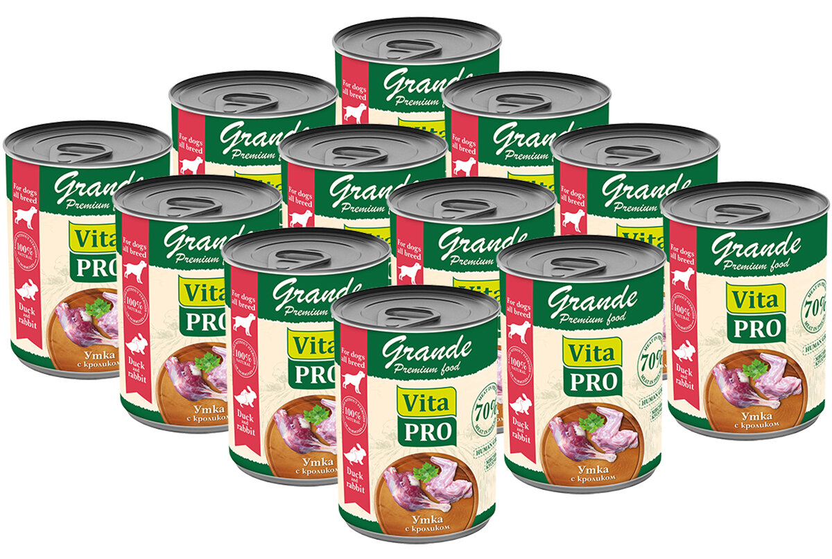 Влажный корм VITA PRO GRANDE для взрослых собак кусочки с уткой и кроликом в соусе банка (970 гр х 12 шт)