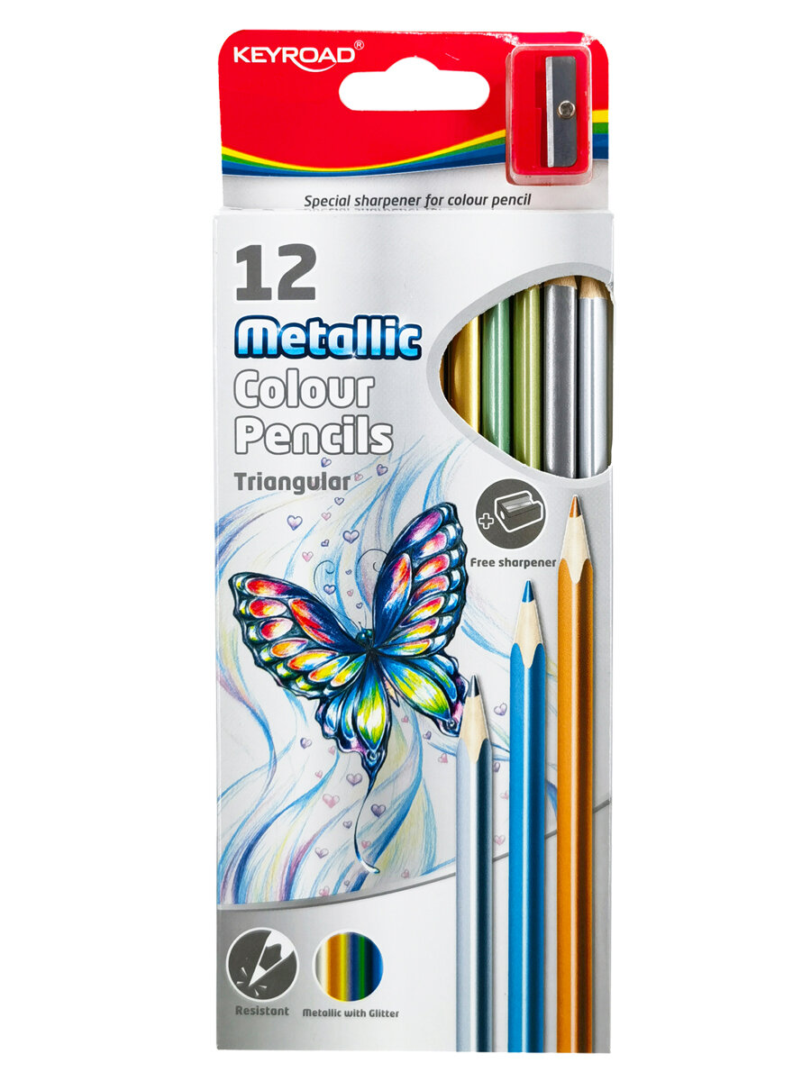 Цветные карандаши Metallic 12 цв, трехгранные, с точилкой