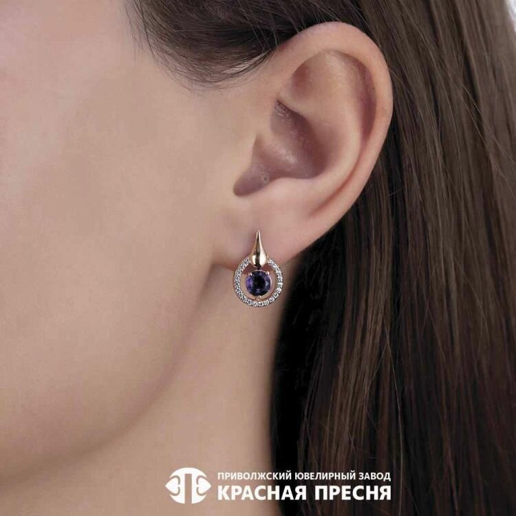 Серьги, серебро, 925 проба, золочение, фианит, аметист