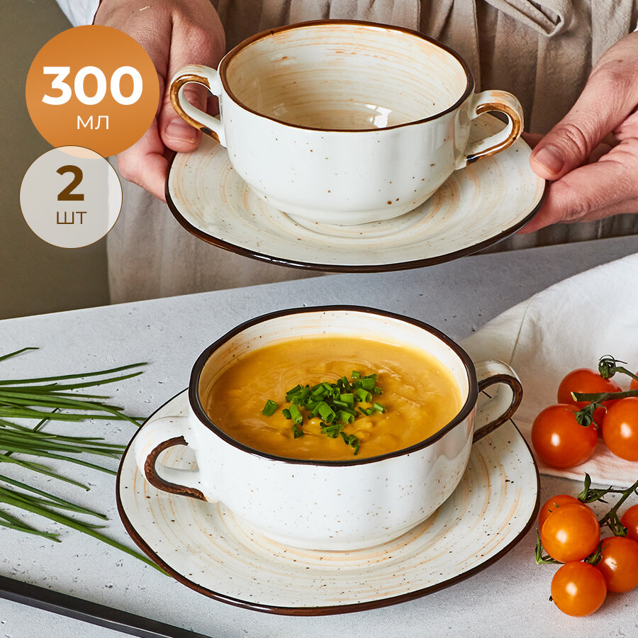 Набор фарфоровых бульонных пар Fusion 300 мл, 2 бульонницы с блюдцами