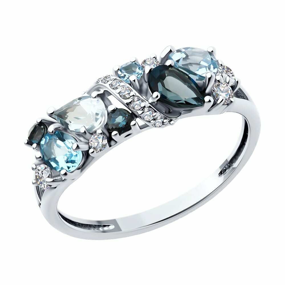 Кольцо, белое золото, 585 проба, фианит, топаз