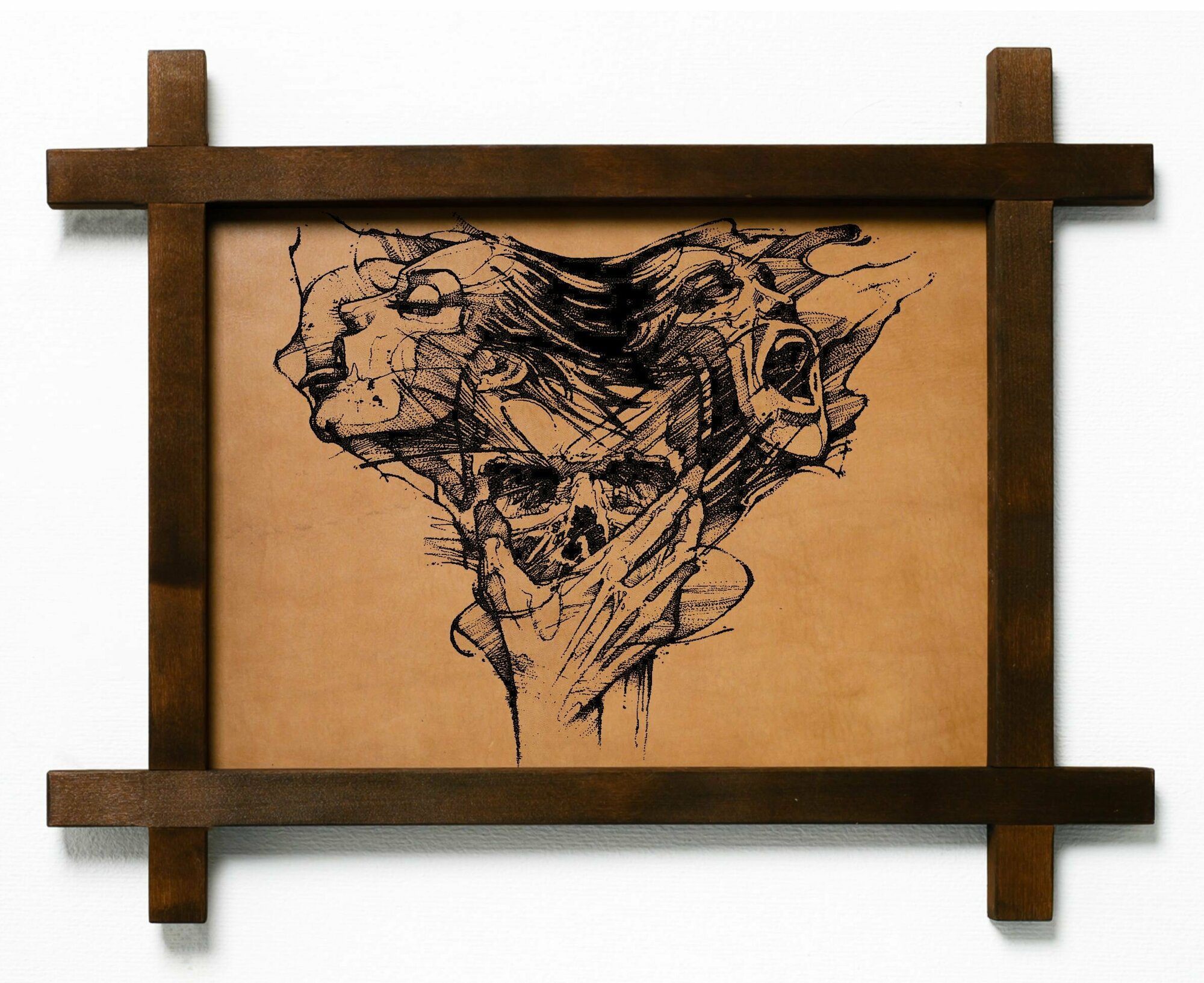 Интерьерная картина из натуральной кожи "Раздвоение личности", декоративное настенное панно в деревянной раме, BoomGift