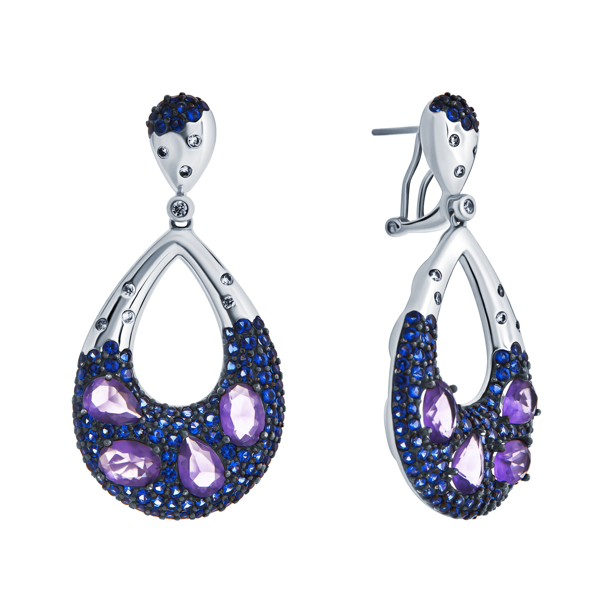 Серьги, серебро, 925 проба, аметист, фианит