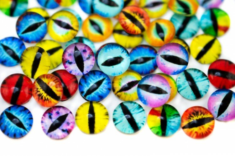 Кабошон стеклянный круглый с принтом Глаз 10х3,5мм, микс цветов, 2030-038, 10шт