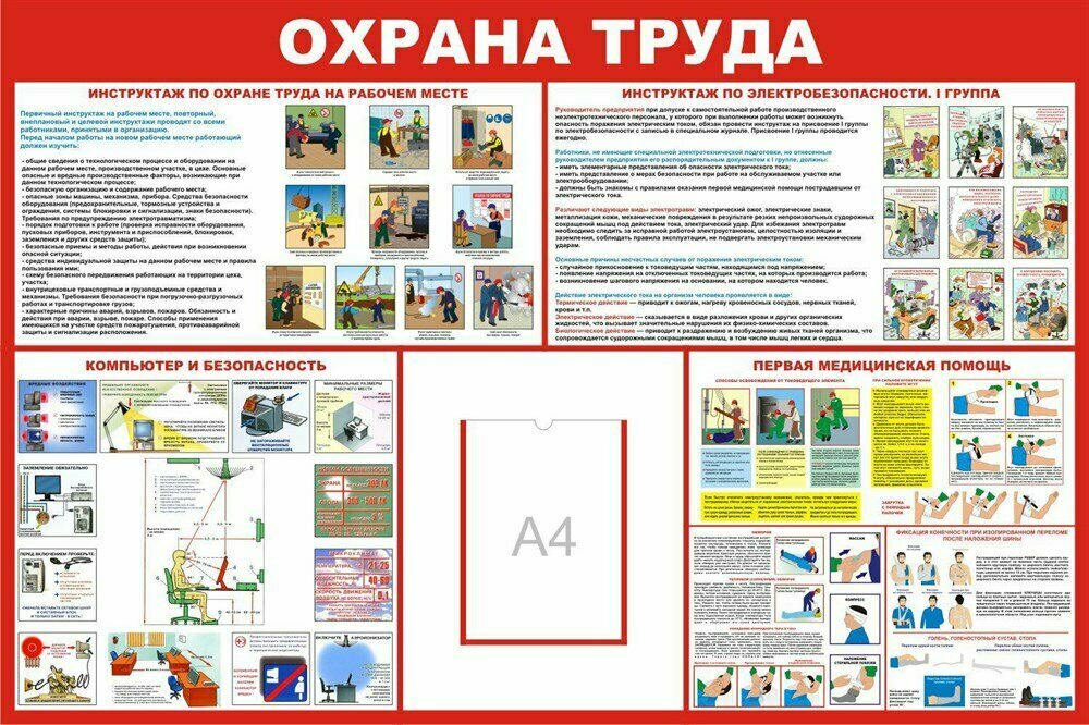 Стенд Охрана труда Размер 1200х 1000 с карманом А4 пластик 3 мм