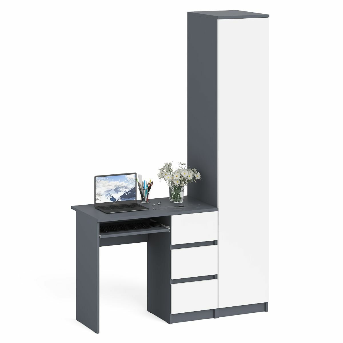 Компьютерный стол правый СВК Мори МС-6 с пеналом цвет графит/белый, 130,4х50,4х209,6 см.