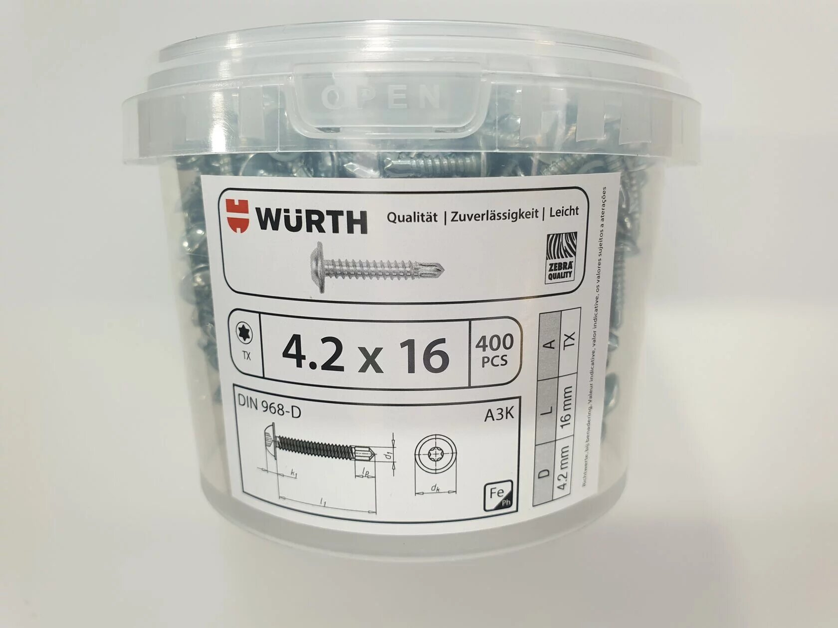 Саморез по металлу DIN 968-D 4.2x16 Torx A3K (400 pcs) WURTH, Германия
