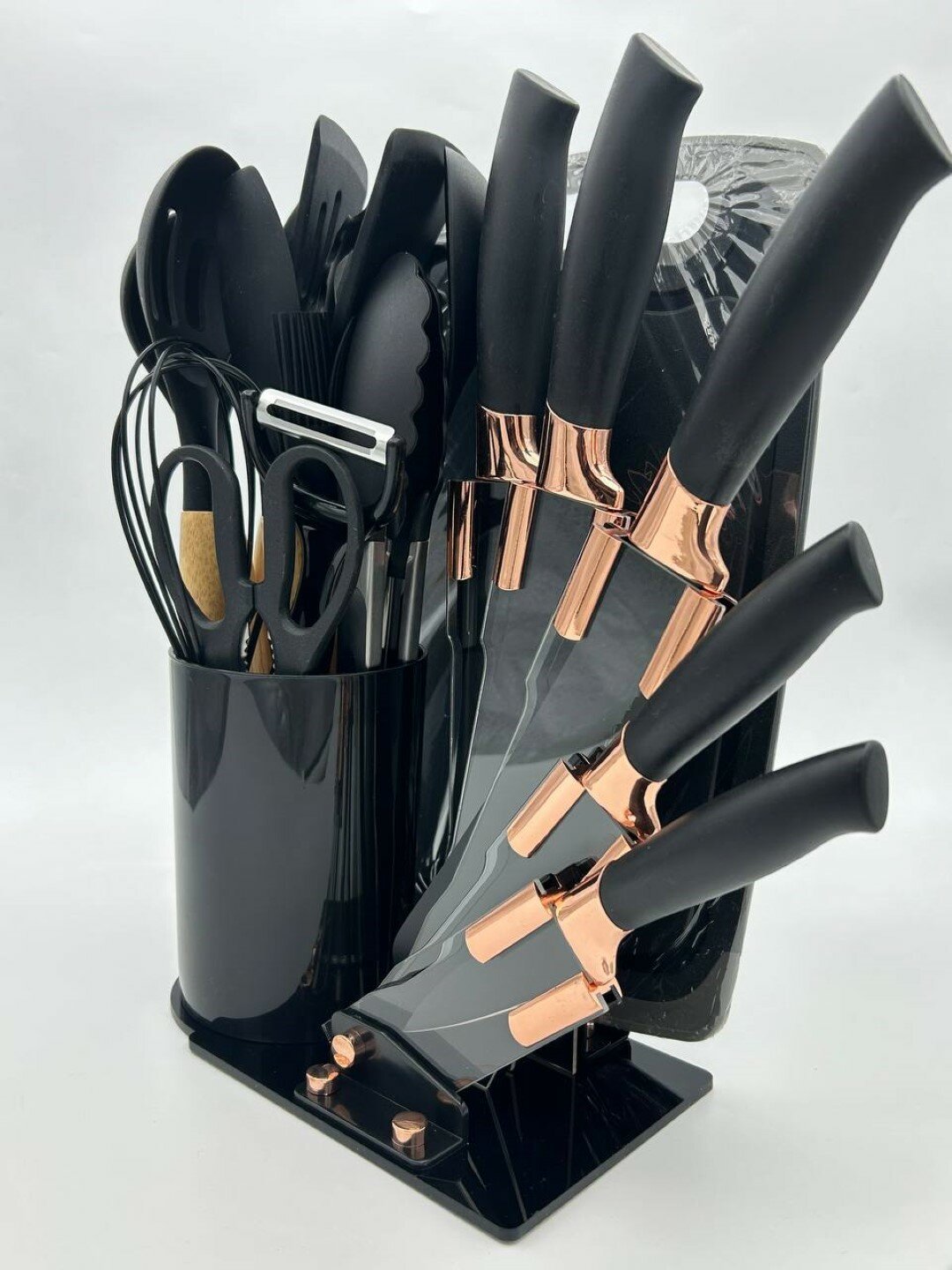 Набор кухонных принадлежностей на подставке, силиконовый с деревянной ручкой, 20 предметов, кухонная навеска, черная.