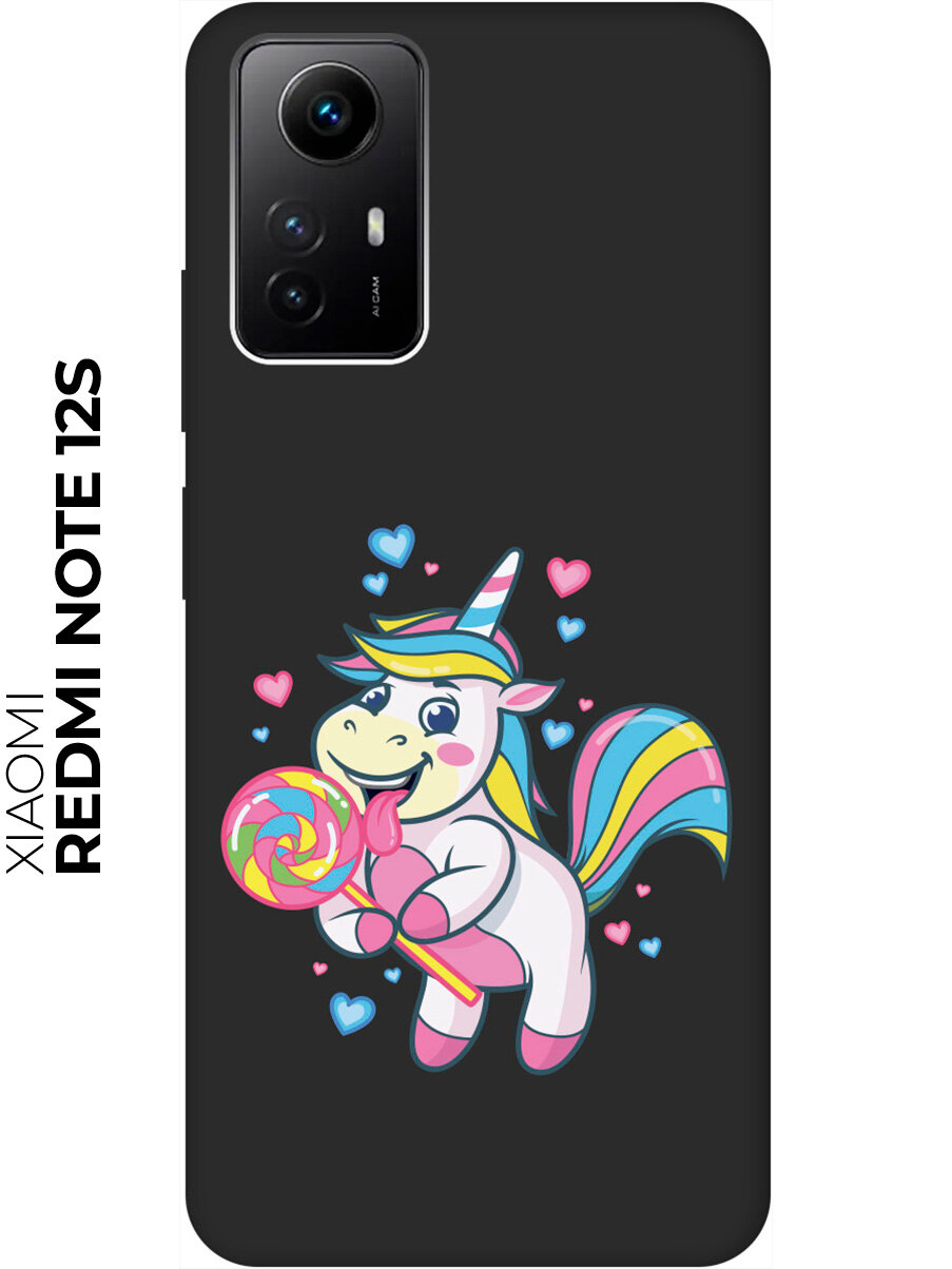 Силиконовый чехол на Xiaomi Redmi Note 12s / Сяоми Редми Ноут 12с с рисунком "Unicorn and candy" Soft Touch черный