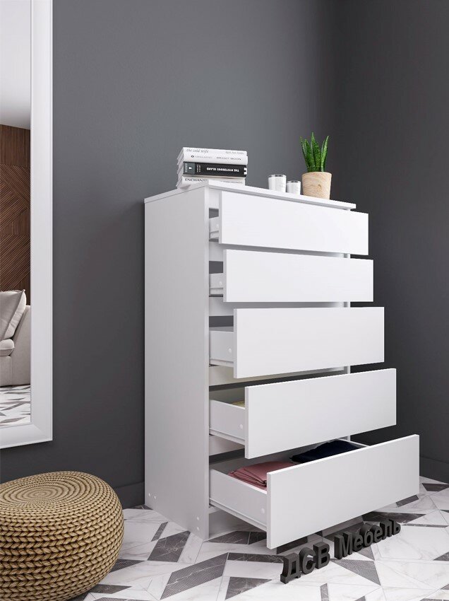 Комод узкий Мори МК700.5, 5 ящиков, цвет белый, ШхГхВ 70,4х41х114 см СВК