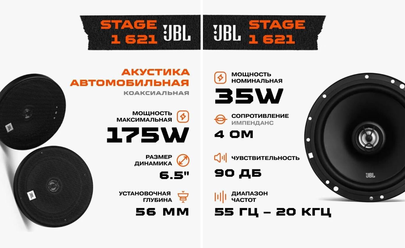 Автомобильная акустика динамики JBL 2-x полосная коаксиальная акустика Stage1 621