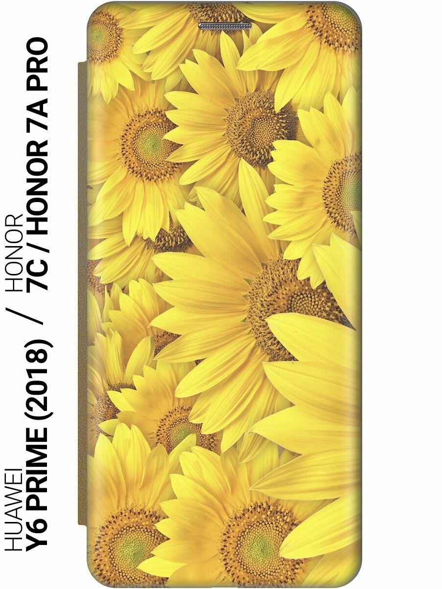 Чехол-книжка на Honor 7C, 7A Pro, Huawei Y6 Prime (2018), Хуавей У6 Прайм 2018, Хонор 7А Про, 7С с 3D принтом "Море подсолнухов" золотой