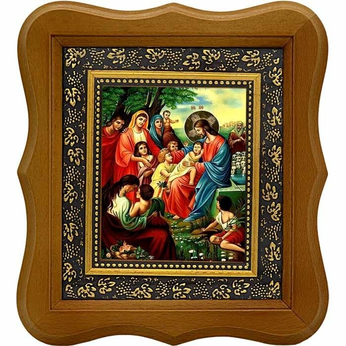 Иисус Христос Благословляет Детей (Благословение детей). Икона на холсте. (10 х 12 см / В фигурном киоте)