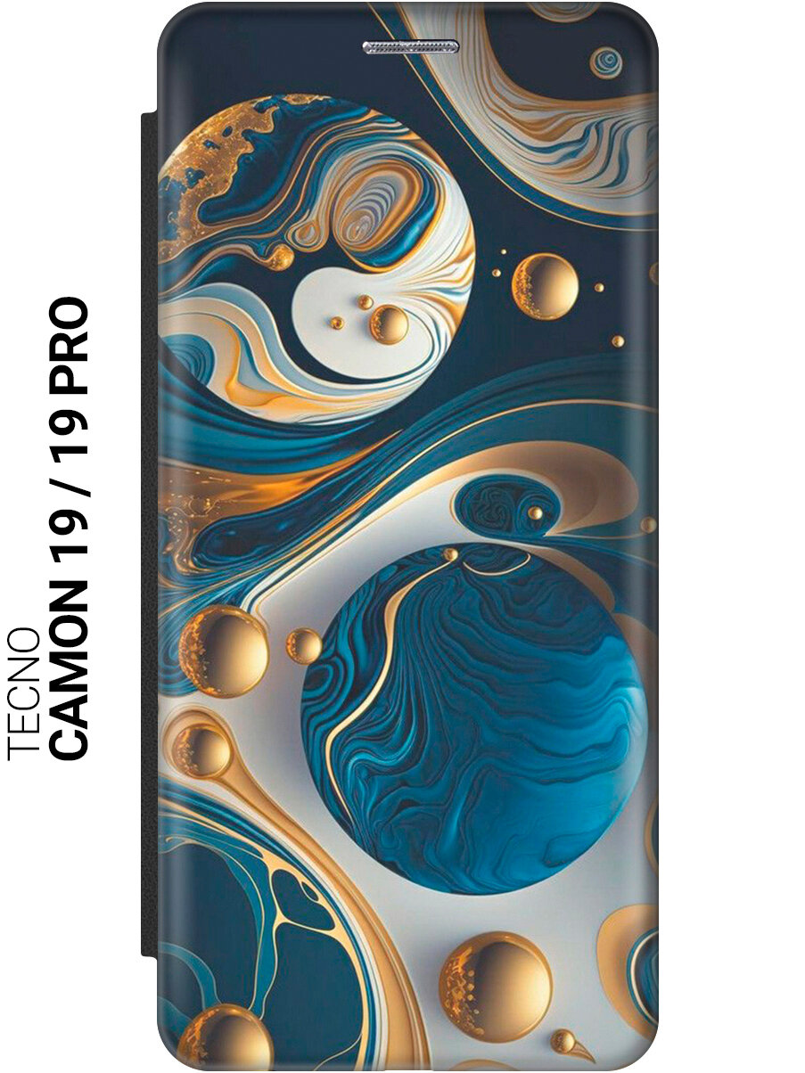 Чехол-книжка на Tecno Camon 19 / 19 Pro / Техно Камон 19 / 19 Про с рисунком "Сине-золотые фигуры" черный