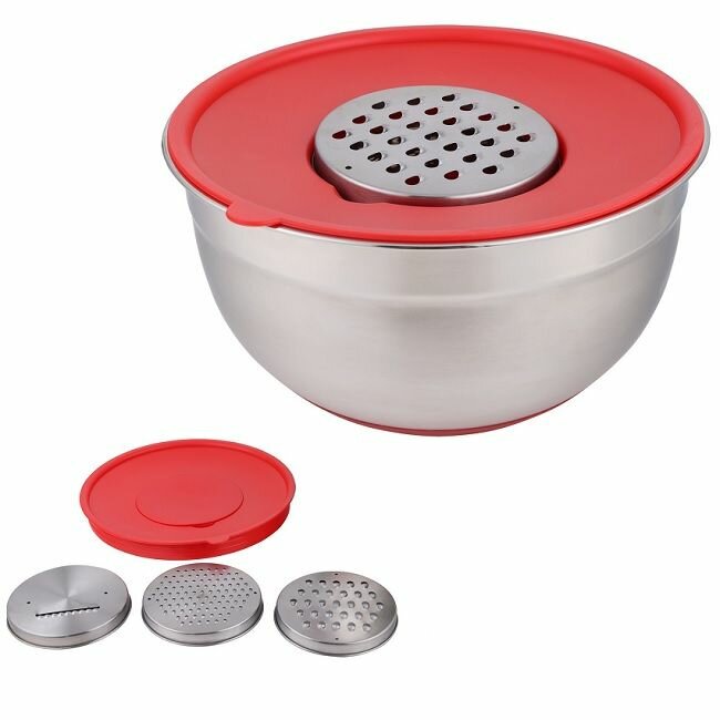 Салатник из нержавеющей стали с крышкой 3л, 3 терки-насадки мелкая, крупная, шинковка