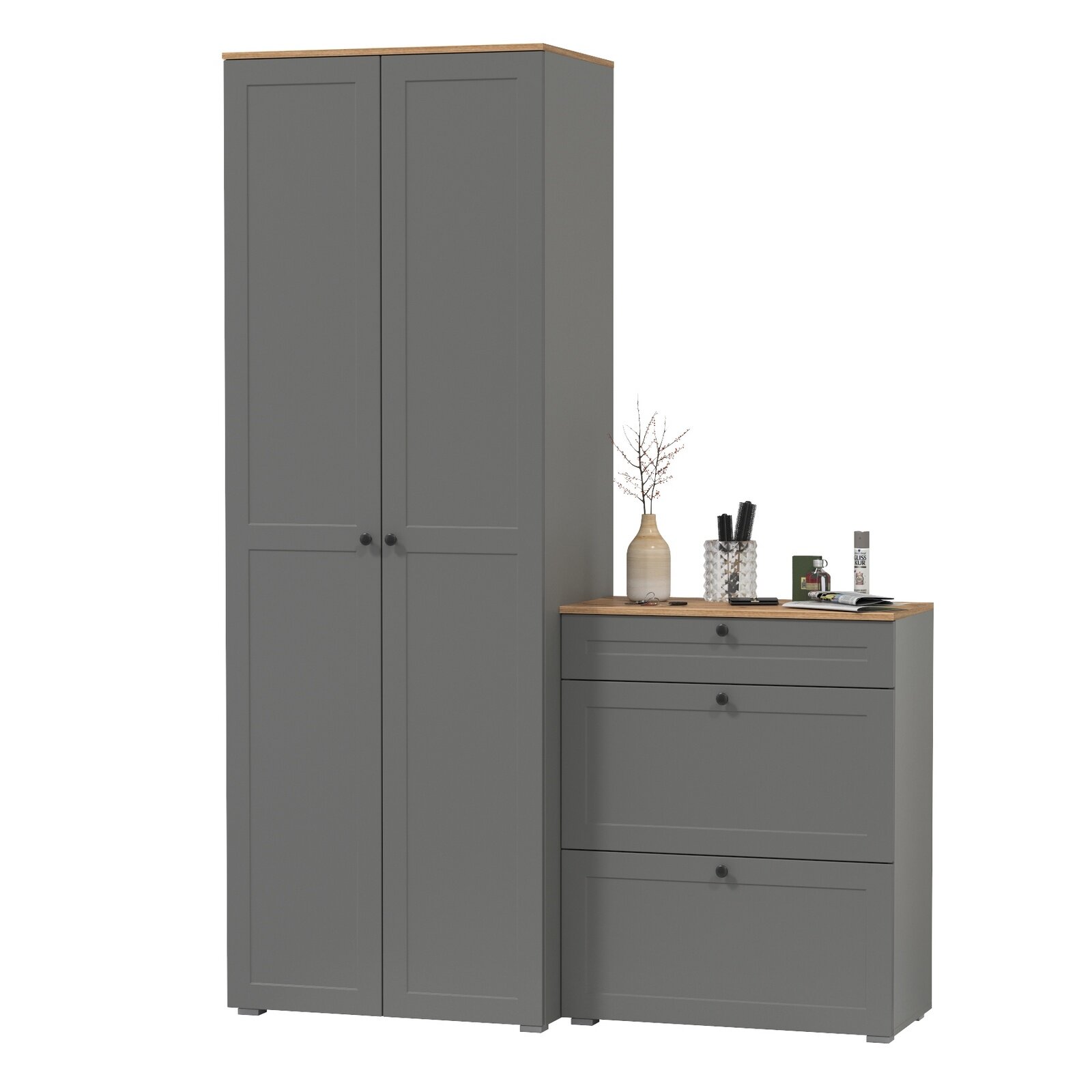 Шкаф двудверный для прихожей и обувница Остин цвет серый графит/дуб крафт золотой