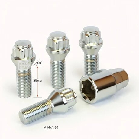 Болт колесный секретный M14х28х1,5 ( конус c буртиком, 5 лучей 1 ключ)