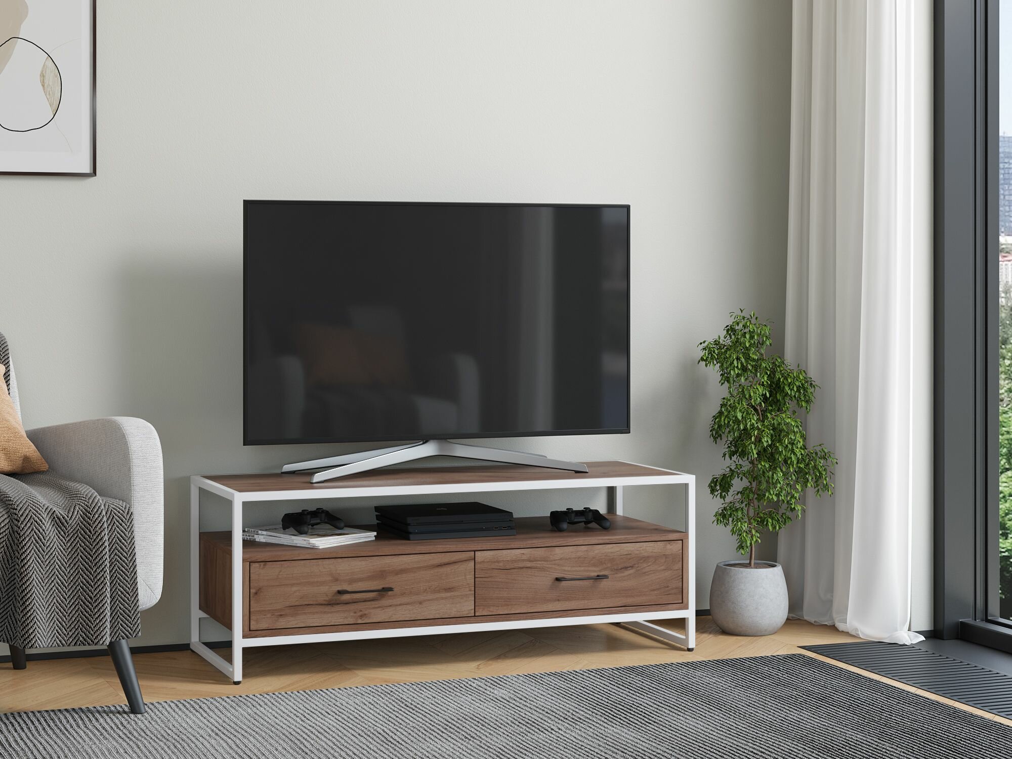 Тумба под ТВ Urban Лофт 02 с ящиками Белый/дуб крафт табак