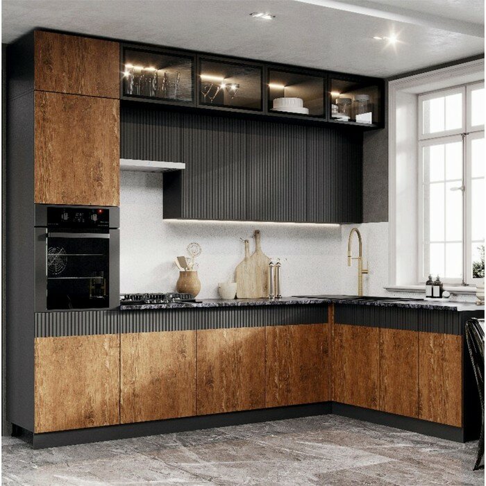 МИФ Кухня угловая трёхуровневая в потолок «Престиж», 3000×1800 мм, цвет графит/амазония