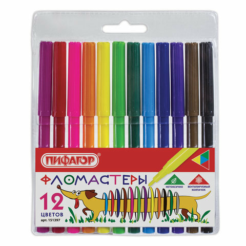 Фломастеры пифагор "Веселая такса", 12 цветов, вентилируемый колпачок, 151397