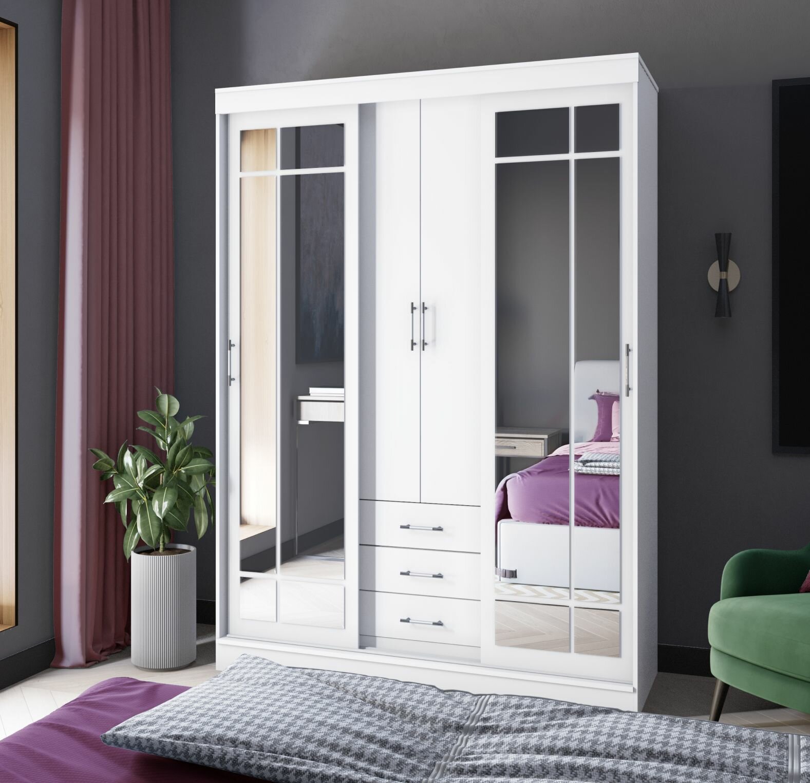 Шкаф распашной с зеркалом Маэстро Лайт белый