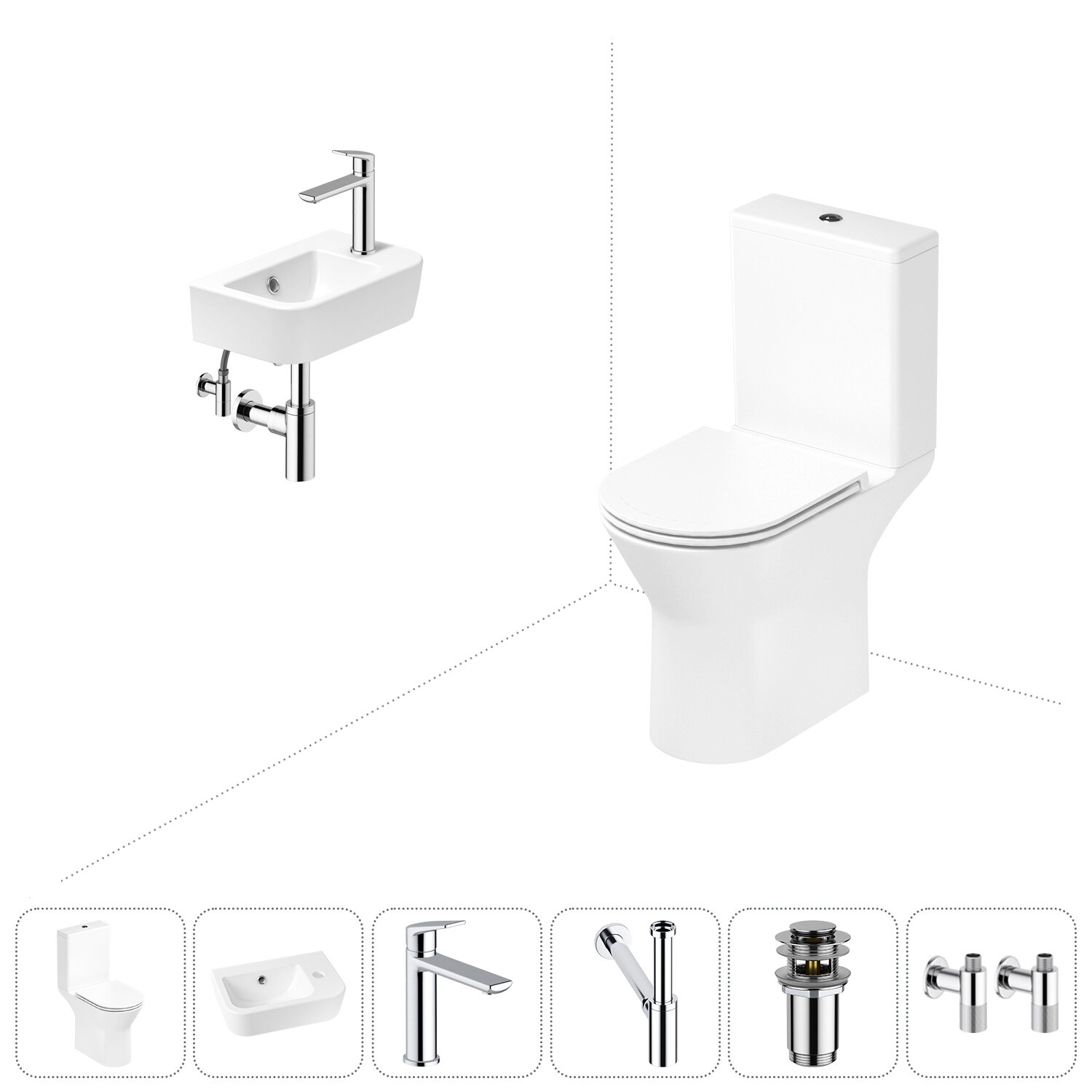 Унитаз-компакт Lavinia Boho Elegant Rimless 202008610 в наборе 6 в 1: безободковый напольный унитаз с бачком и сиденьем микролифт, раковина, донный клапан, сифон, смеситель, вентили 2 шт (цвет набора хром)