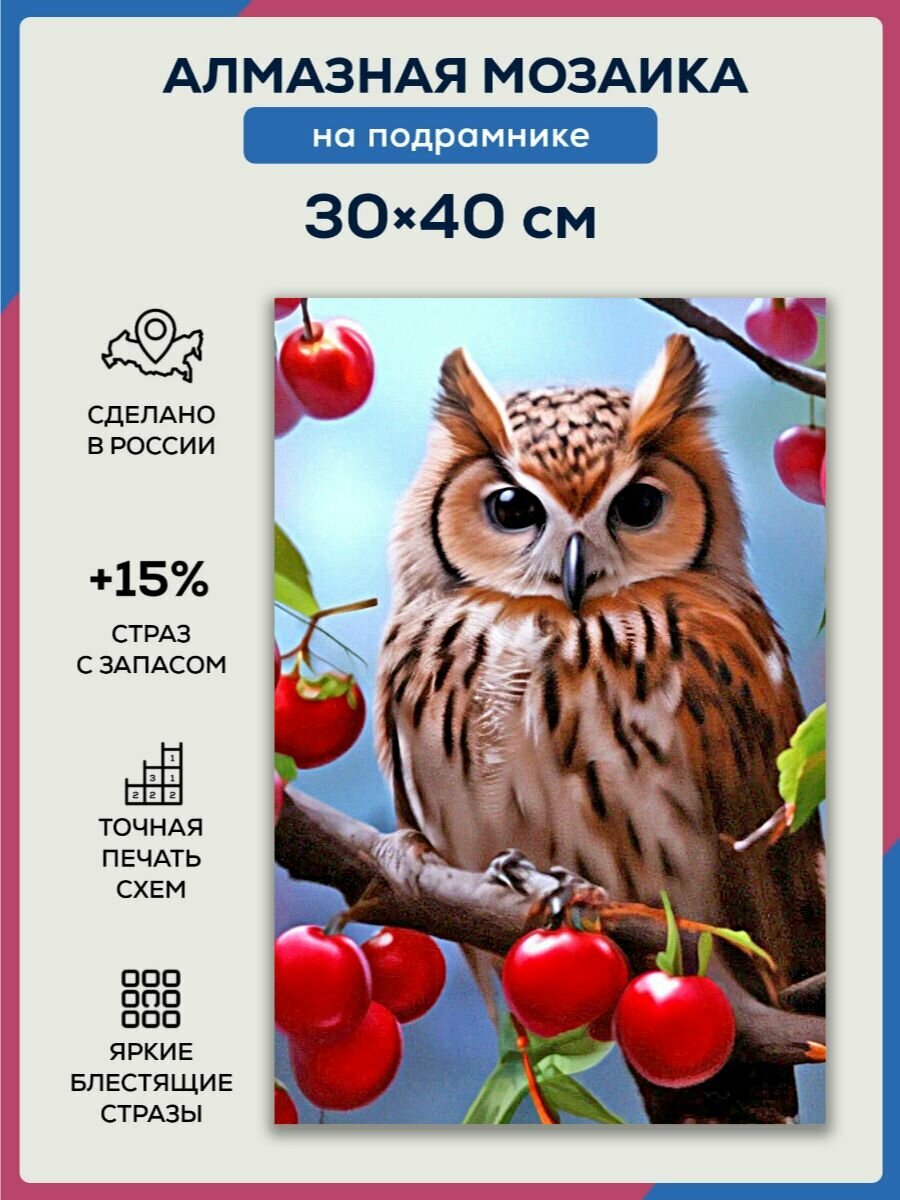 Алмазная мозаика 30x40 Сова на вишне на подрамнике