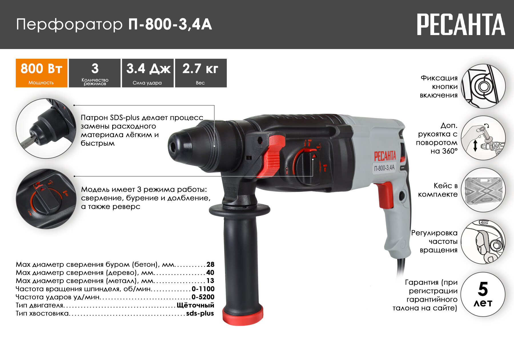 Перфоратор П-800-3,4А Ресанта
