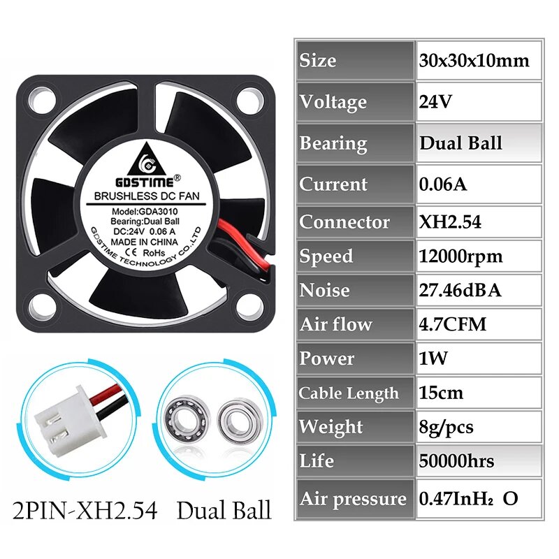 2 шт. Gdstime бесщеточный вентилятор 3010 для 3D принтера 24V Daul Ball 2PIN