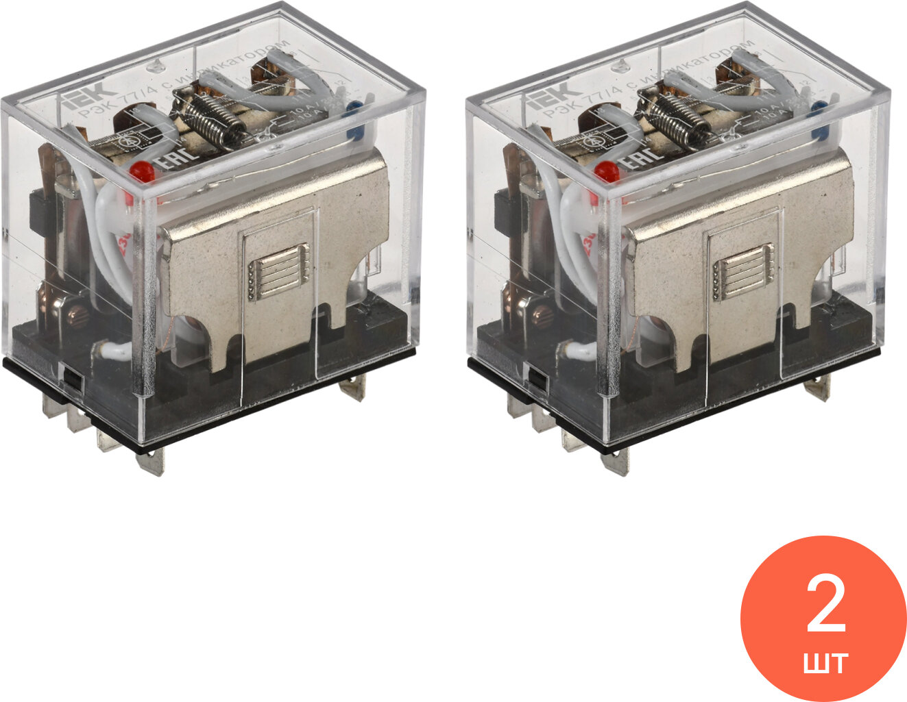 Реле промежуточное ONI / ОНИ РЭК77/4(LY4) с индикацией, 27x41x42мм, 10А 230В АC, RRP10-4-10-220A-LED / электрика (комплект из 2 шт)