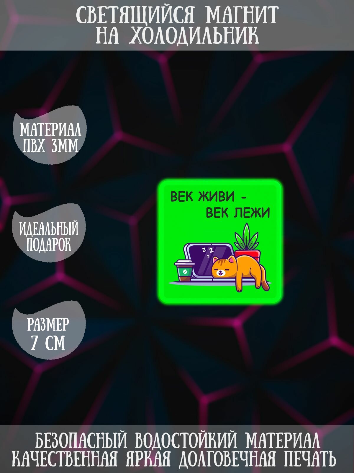 Светящийся в темноте магнит RiForm "Кот. Век живи - век лежи", 7х7см, ПВХ 3мм